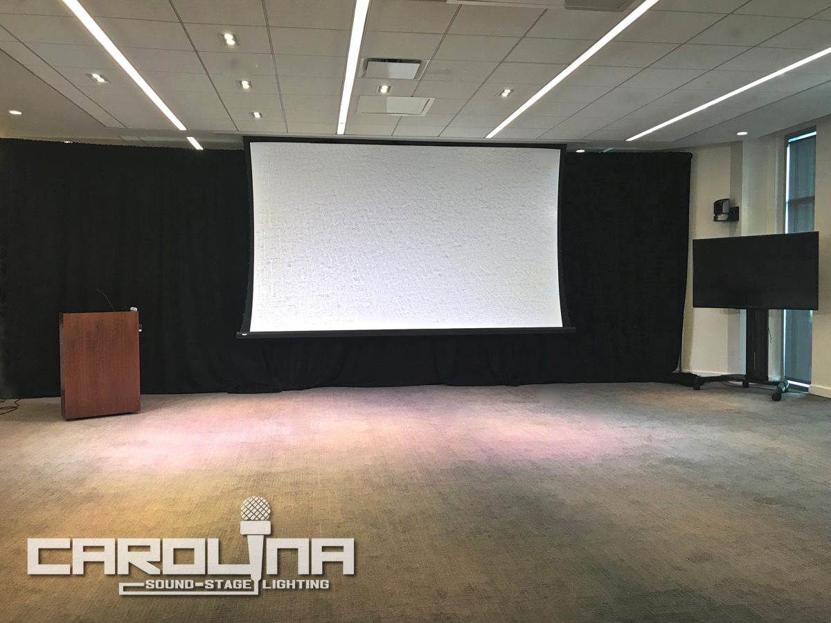 black velour pipe and drape video projection screen podium corporate av ...